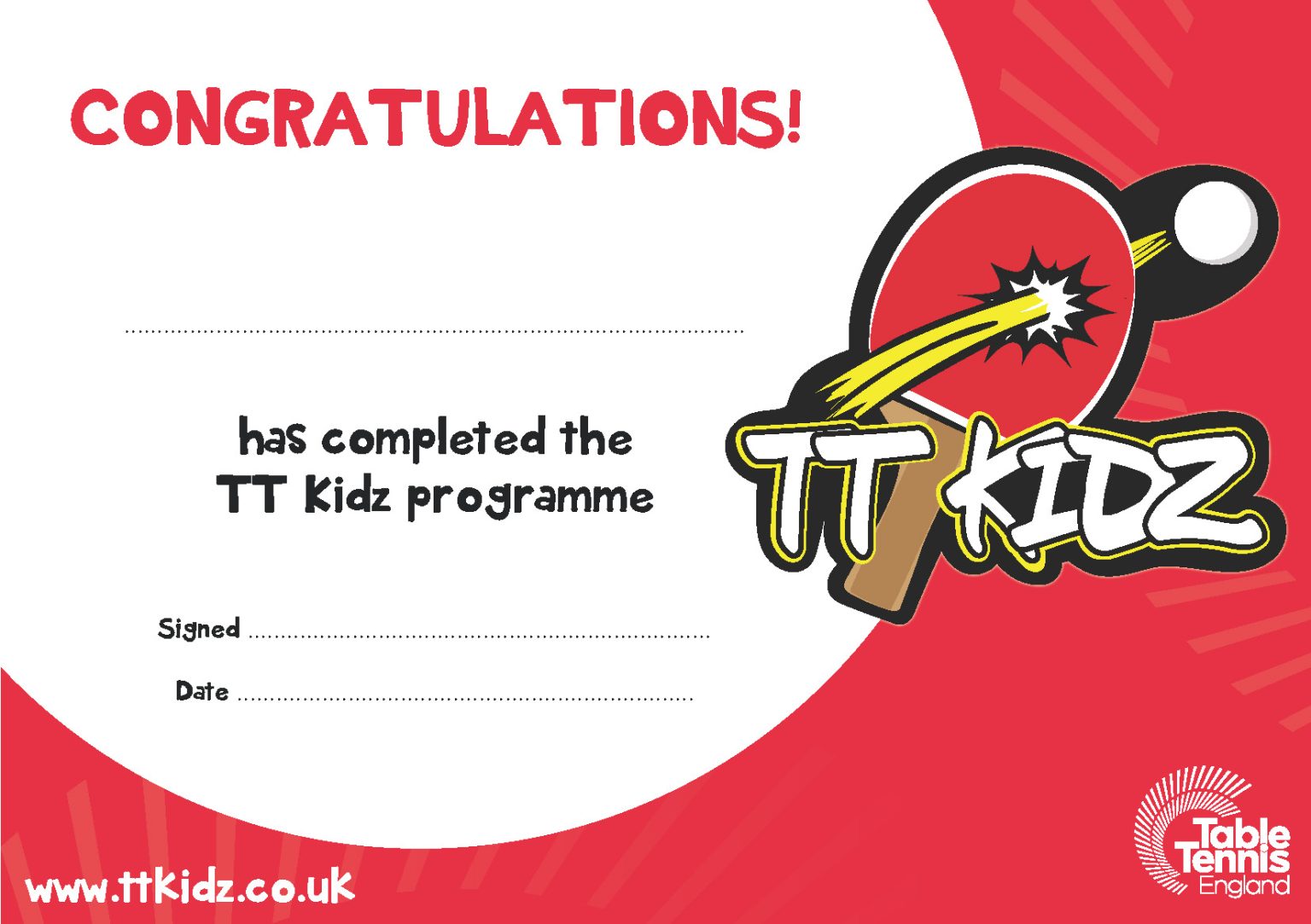 TT Kidz Participant Certificates - Table Tennis England